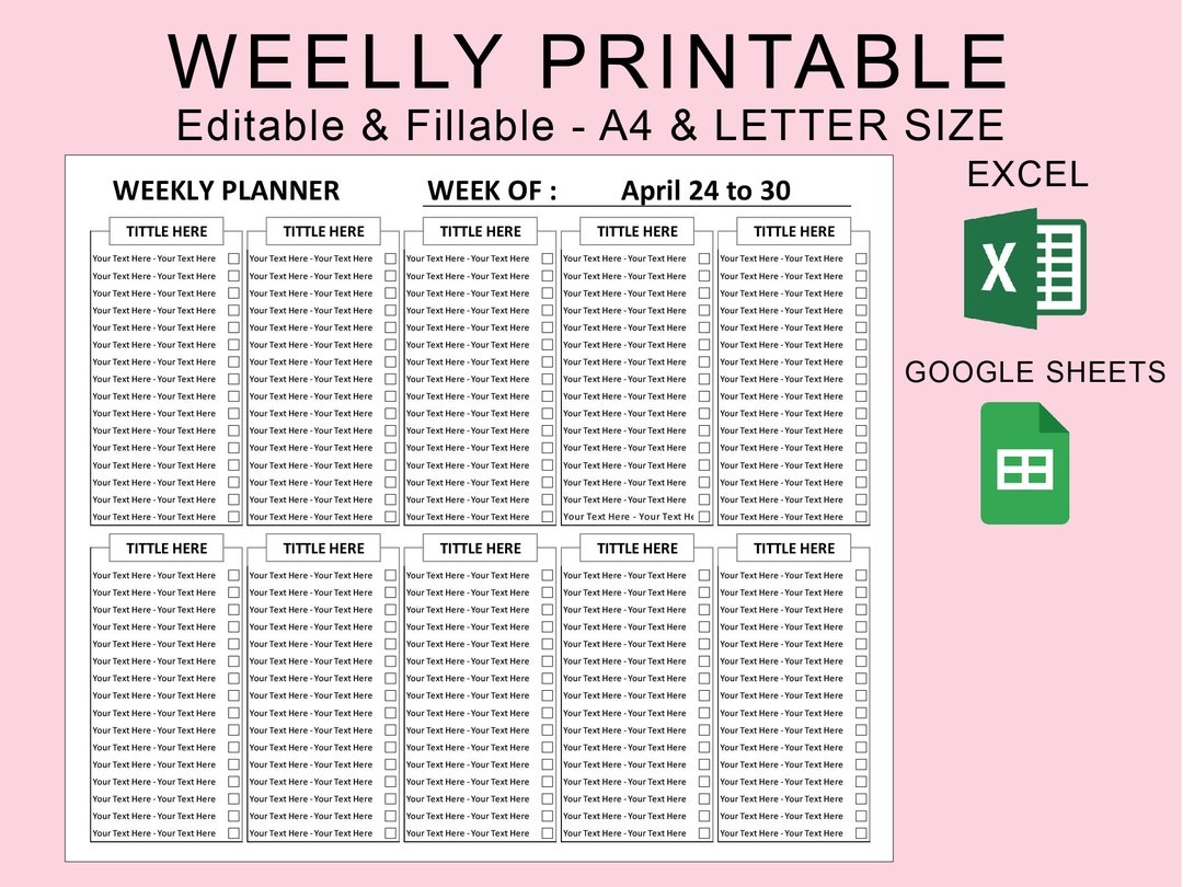 Weekly to Do Planner Checklist Editable Fillable. EXCEL Spreadsheet ...