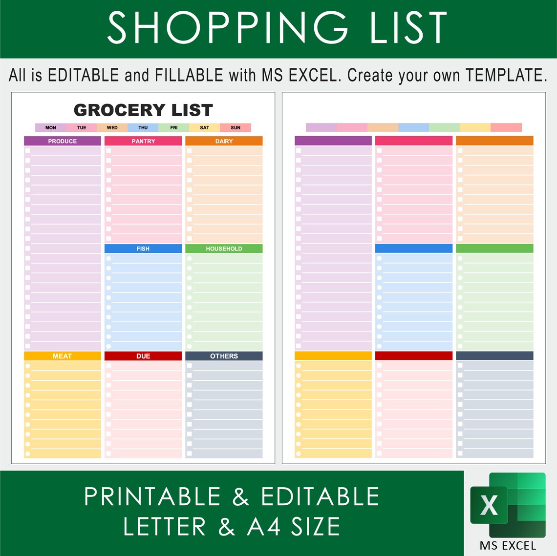 EXCEL Spread Sheet Template: Grocery List, Grocery Planner, Grocery ...
