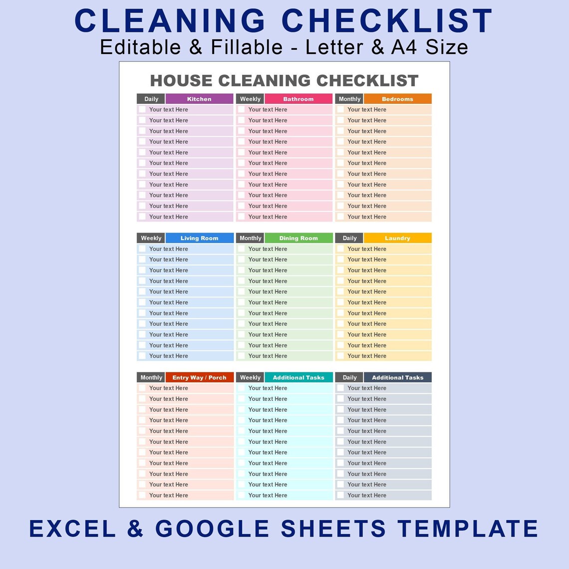 EXCEL Spreadsheet Template. Weekly Cleaning Checkllist. Daily Cleaning ...