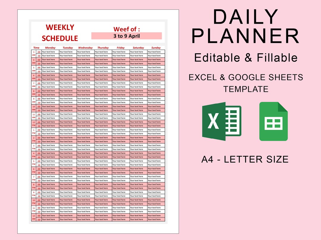Printable Hourly Weekly Planner Editable Fillable. EXCEL Spreadsheets ...