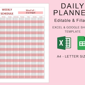 Printable Hourly Weekly Planner Editable Fillable. EXCEL Spreadsheets ...