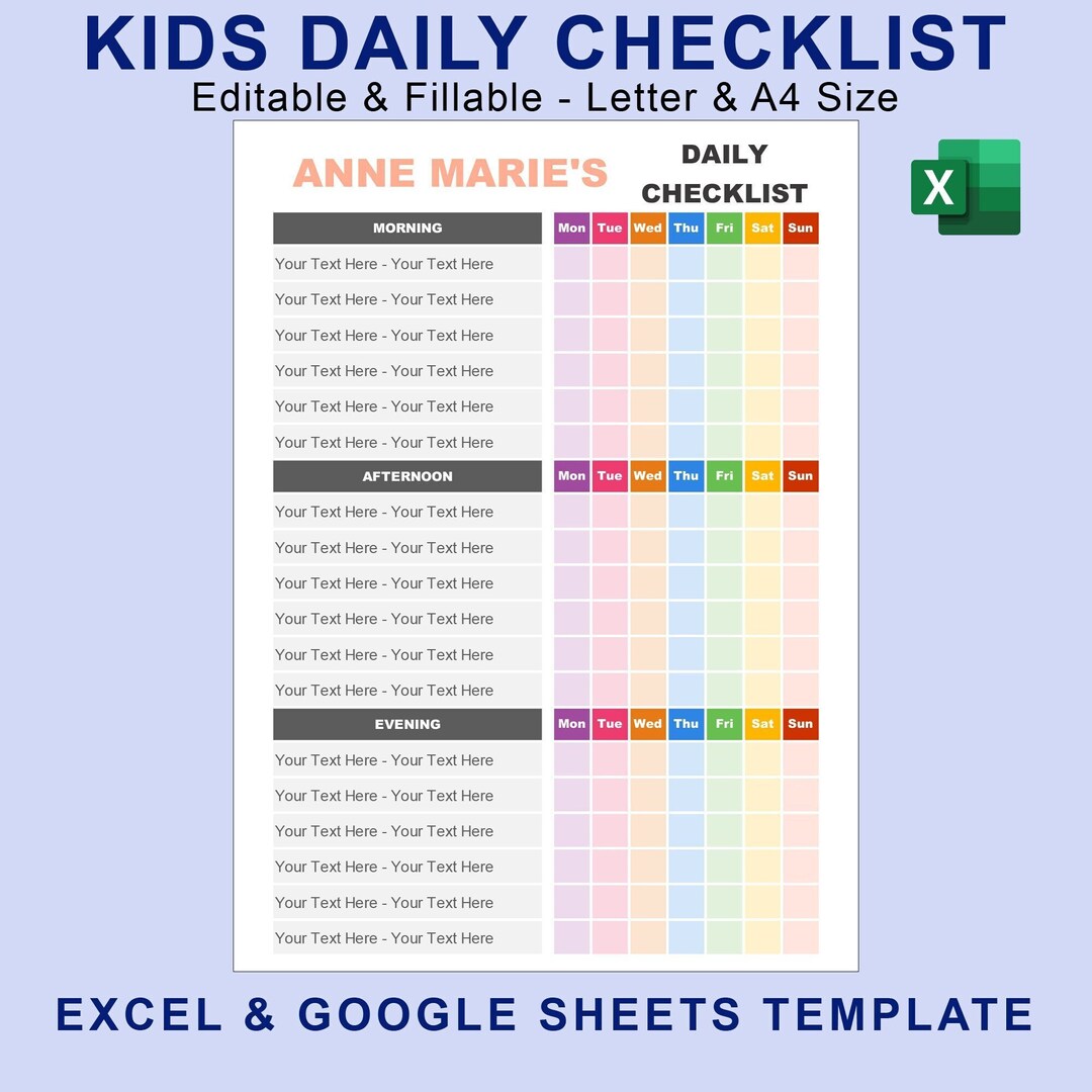 Kids Daily Checklist Planner Template for EXCEL Spreadsheet. Printable ...