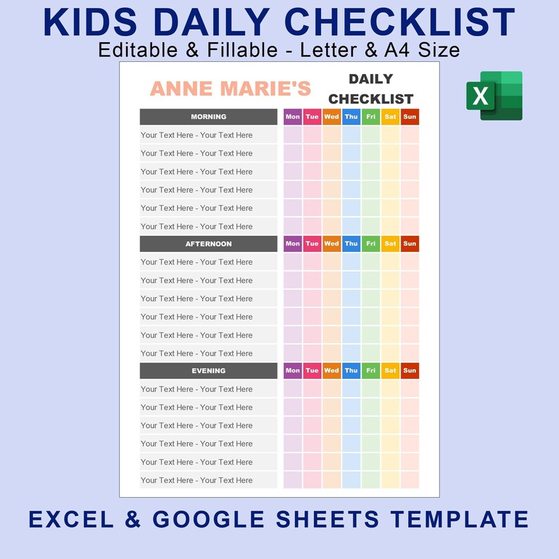 Kids Daily Checklist Planner Template for EXCEL Spreadsheet. Printable ...