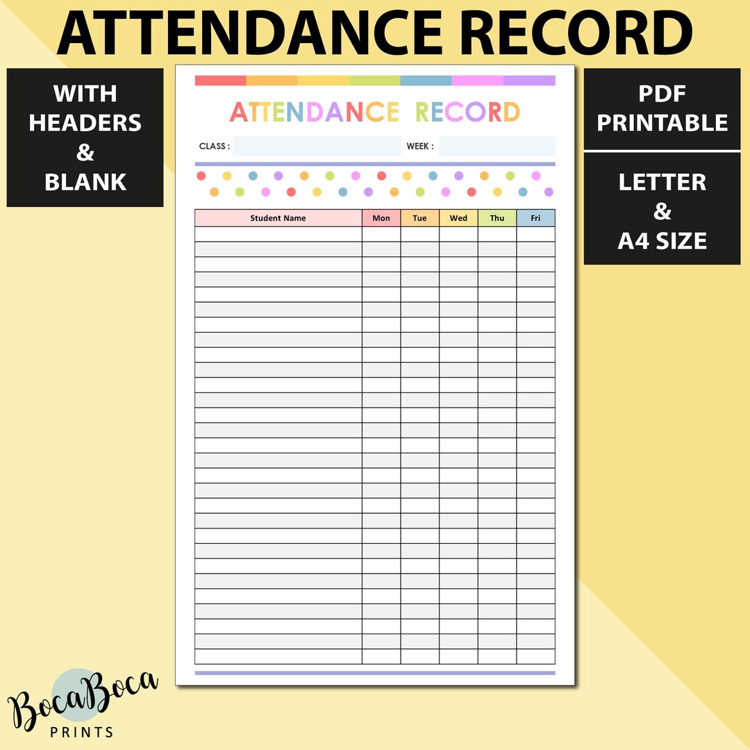 Printable Attendance Record, Attendance Tracking Sheet, Attendance ...
