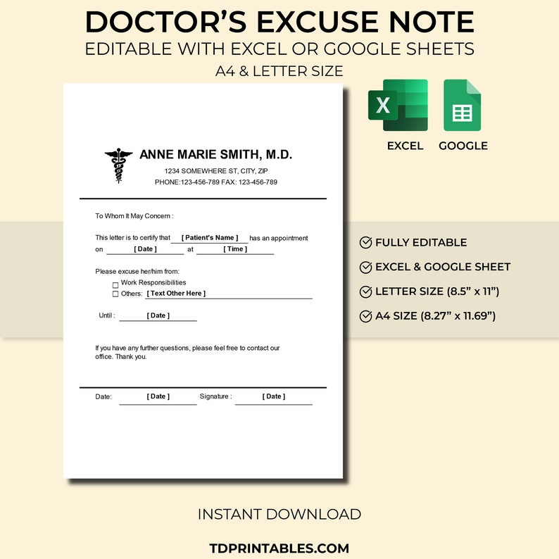 Fillable Doctors Note | Doctor Excuse Note Template | Custom Dr Notepad ...