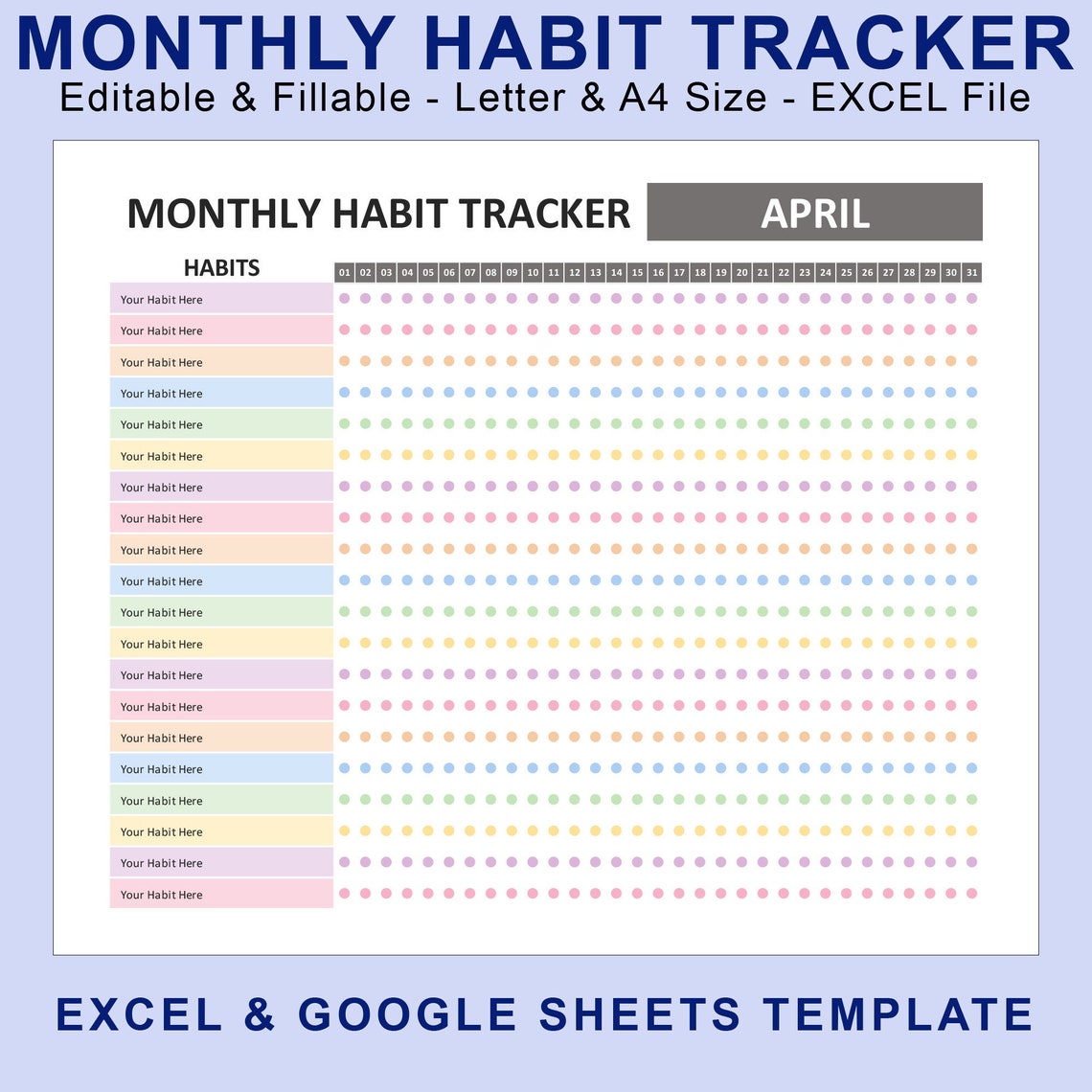 Monthly Habit Tracker. EXCEL Spreadsheet Template. Editable - Printable ...