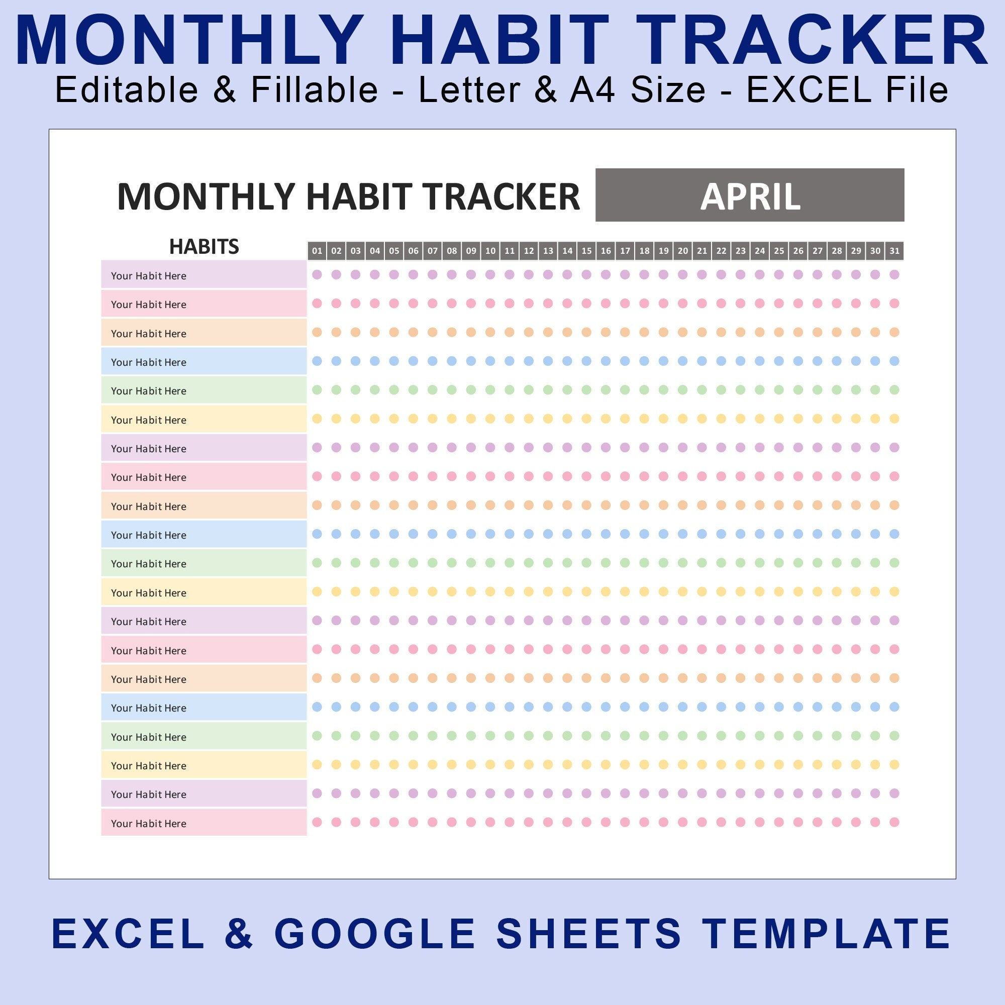 Monthly Habit Tracker. EXCEL Spreadsheet Template. Editable - Printable ...