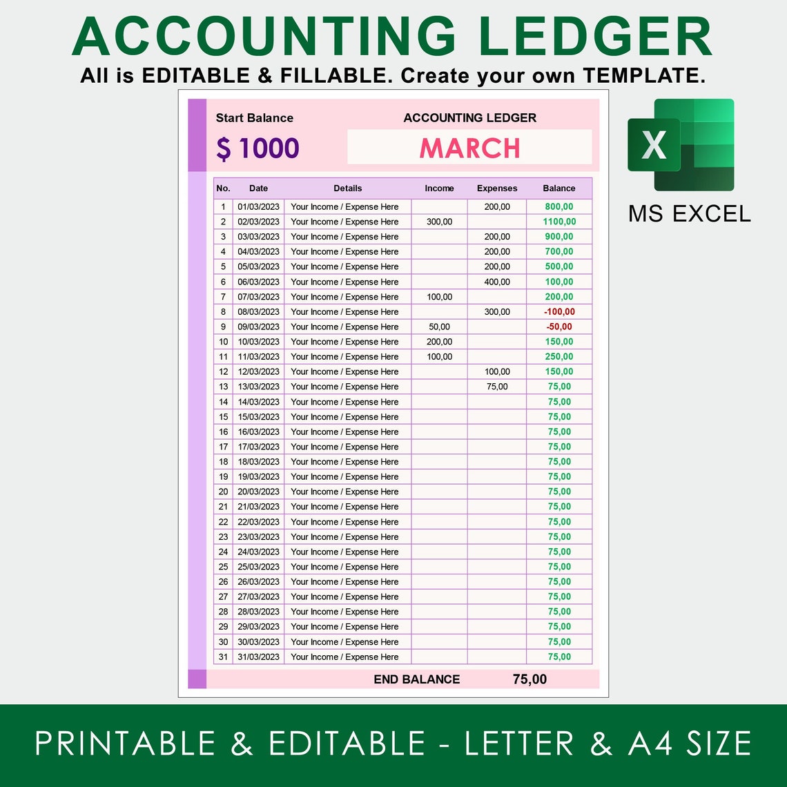 Accounting Template,accounting Ledger,printable Ledger,business Ledger ...
