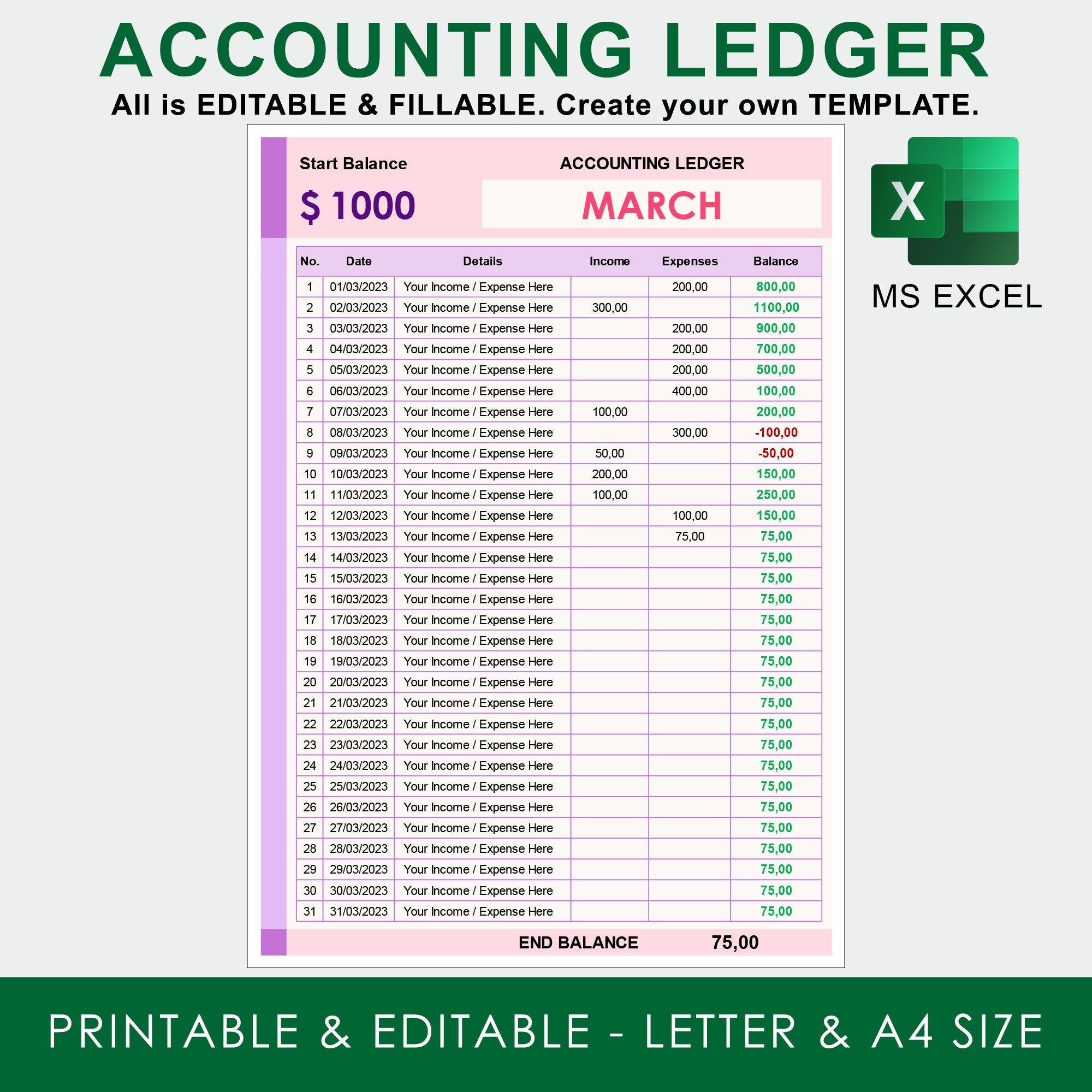 Accounting Template,accounting Ledger,printable Ledger,business Ledger ...