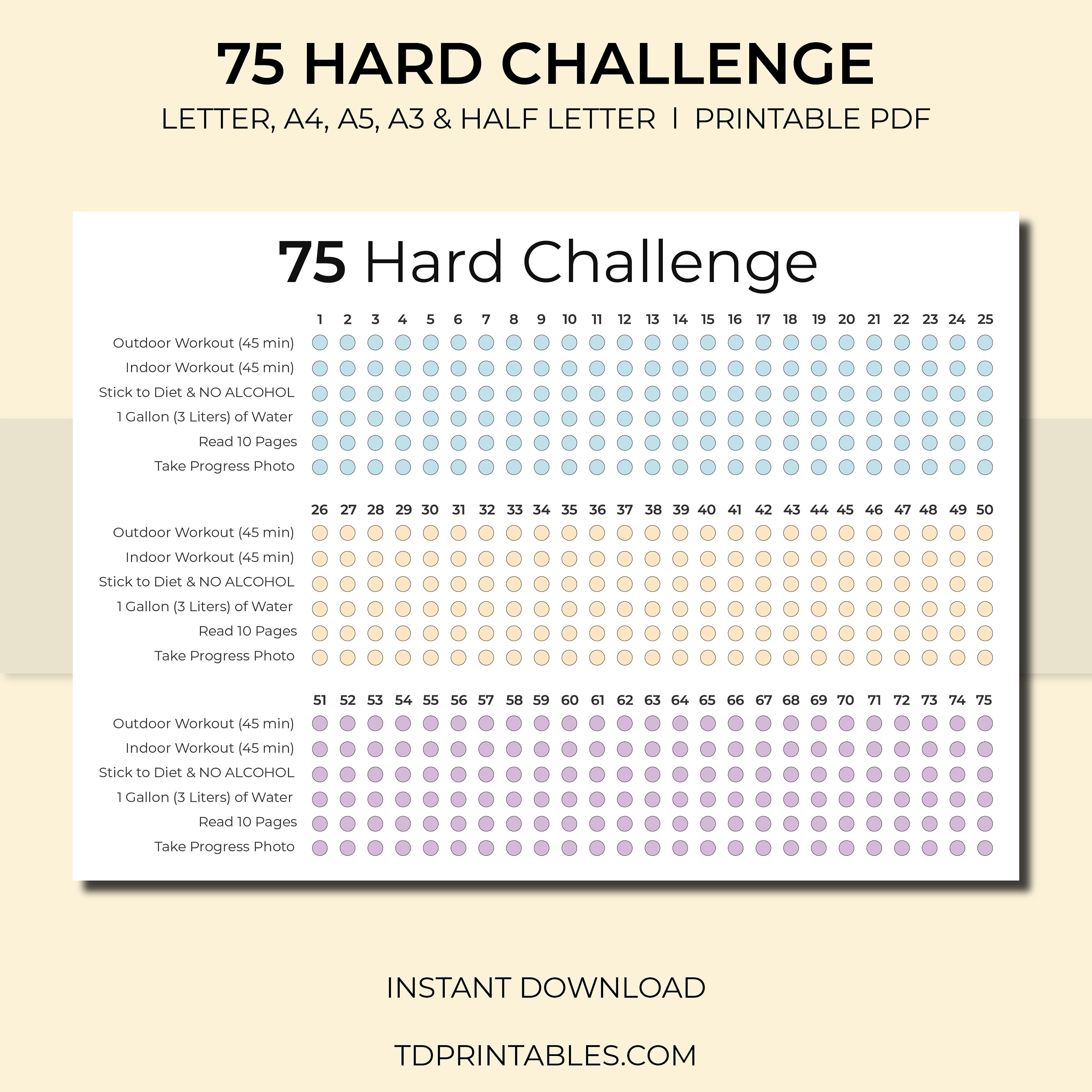 75 Hard Challenge Printable PDF Template Self Improvement Habit Workout Fitness Tracker Template ...