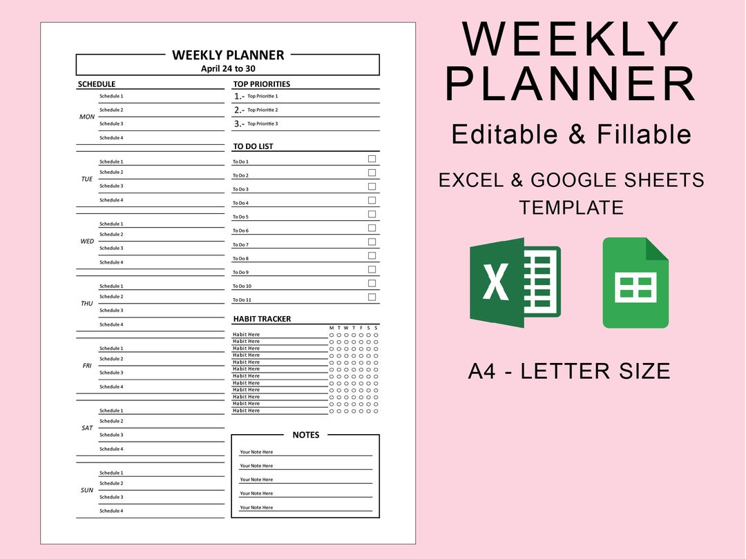 Printable Weekly Planner Editable Fillable. EXCEL Spreadsheets - Google ...