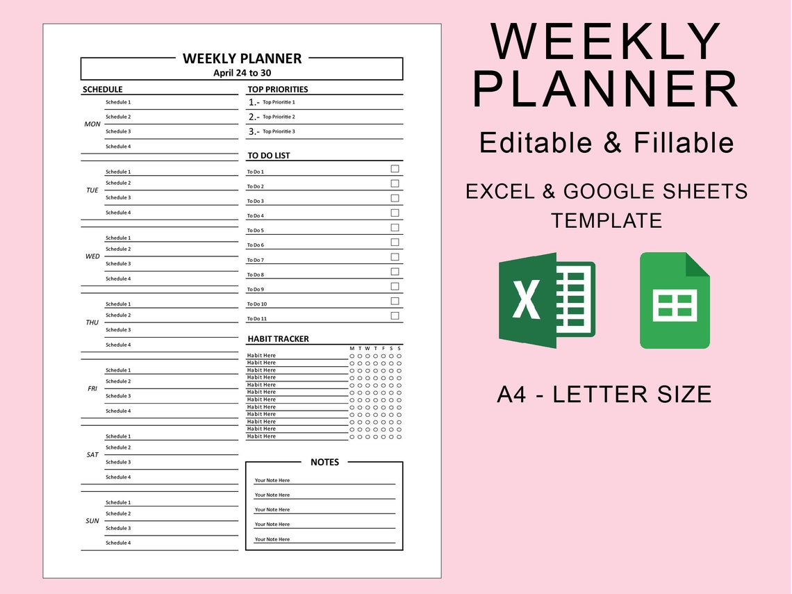 Printable Weekly Planner Editable Fillable. EXCEL Spreadsheets - Google ...
