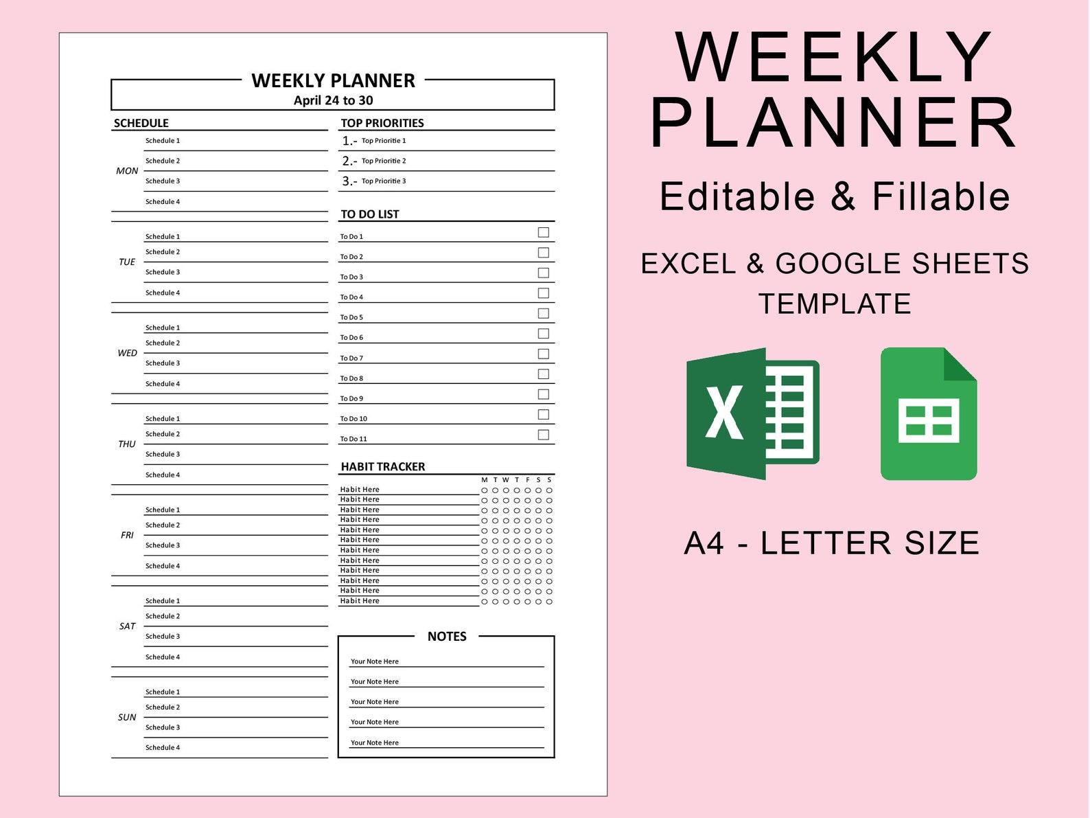 Printable Weekly Planner Editable Fillable. EXCEL Spreadsheets - Google ...