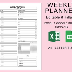 Printable Weekly Planner Editable Fillable. EXCEL Spreadsheets - Google ...