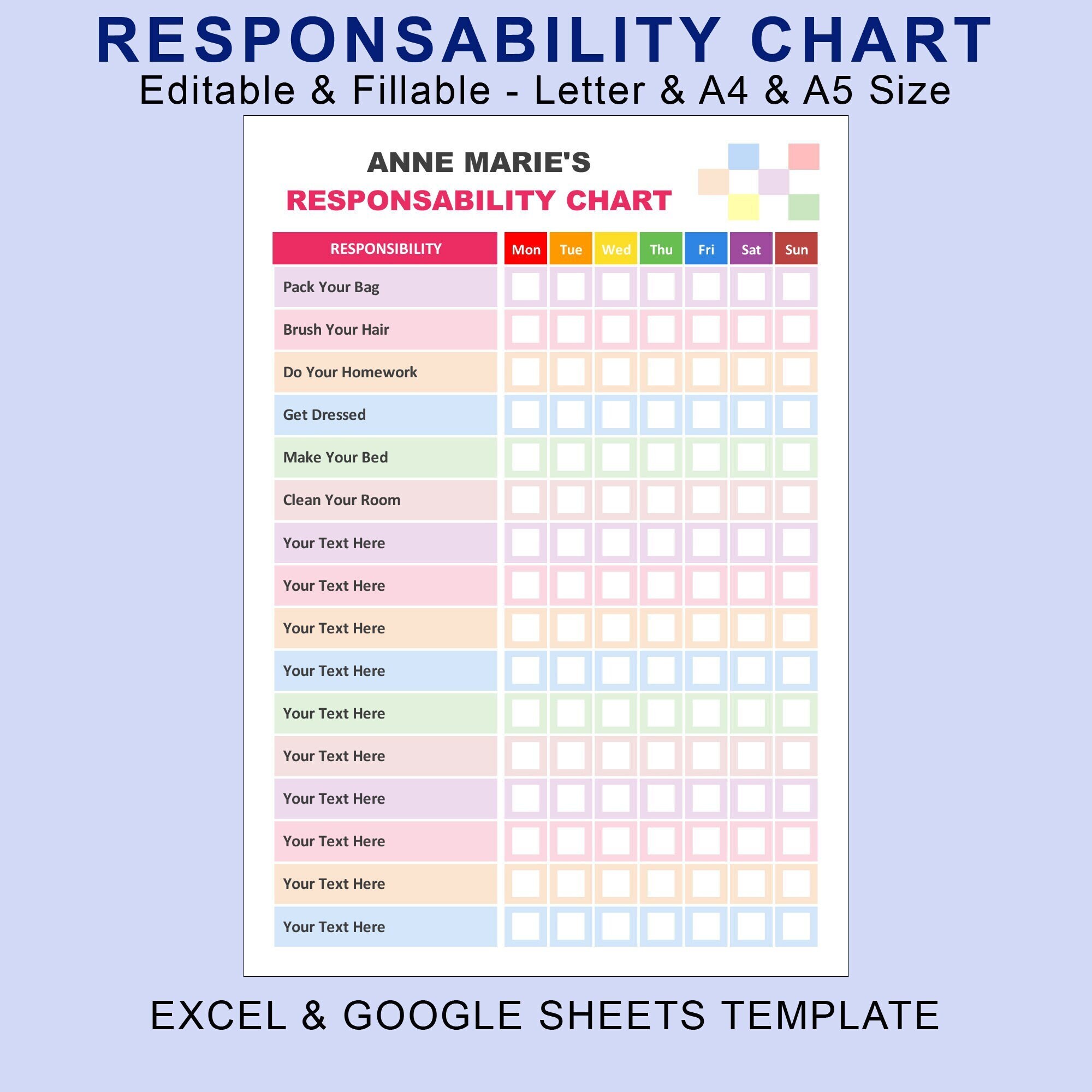 Custom Children Chore Chart Editable Fillable Printable. Excel Behavior ...