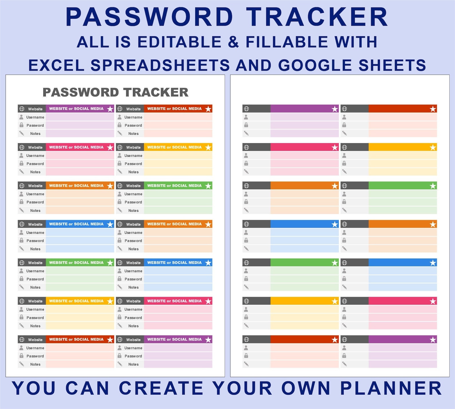 Password Tracker Template for EXCEL Spreasheets. Editable Fillable Printable. Password Tracker ...