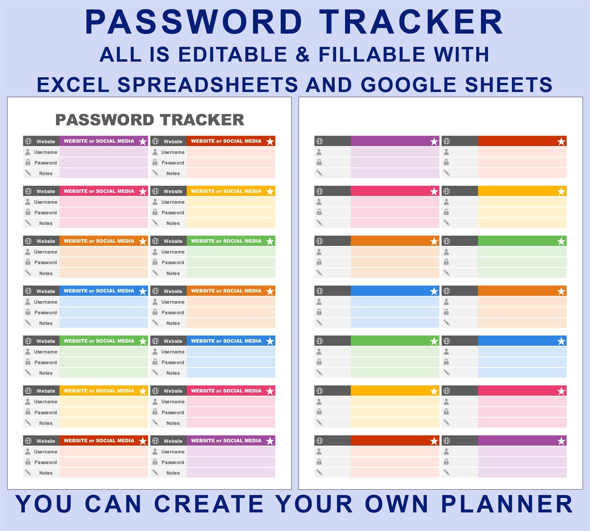 Password Tracker Template for EXCEL Spreasheets. Editable Fillable ...