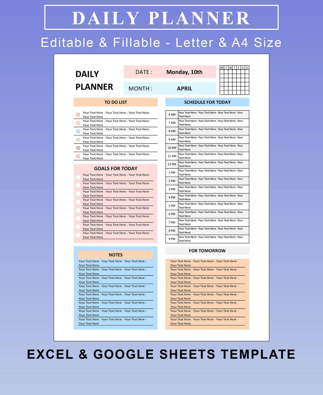 Editable Fillable Printable Dialy Planner. EXCEL Spreadsheets & Google ...