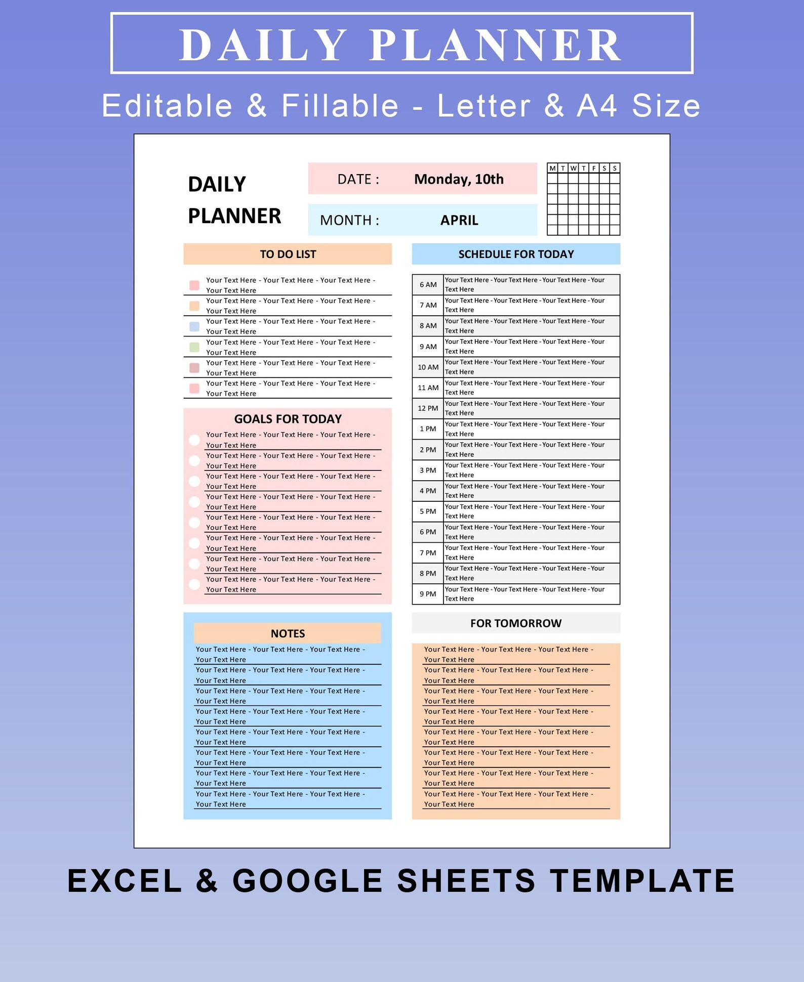 Editable Fillable Printable Dialy Planner. EXCEL Spreadsheets & Google ...