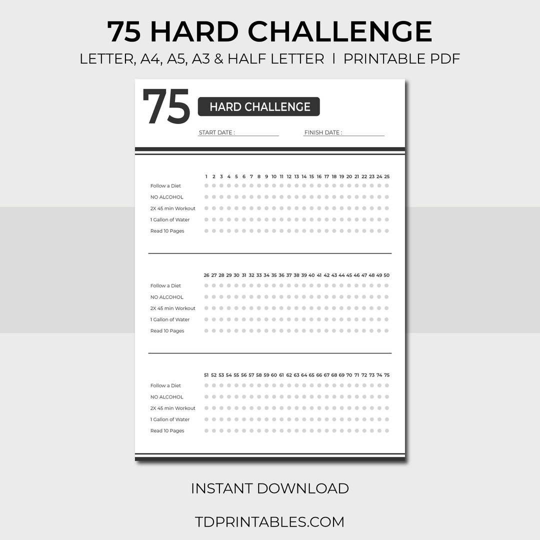 75 Hard Challenge PDF Printable 75 Hard Tracker Printable 5 Day ...