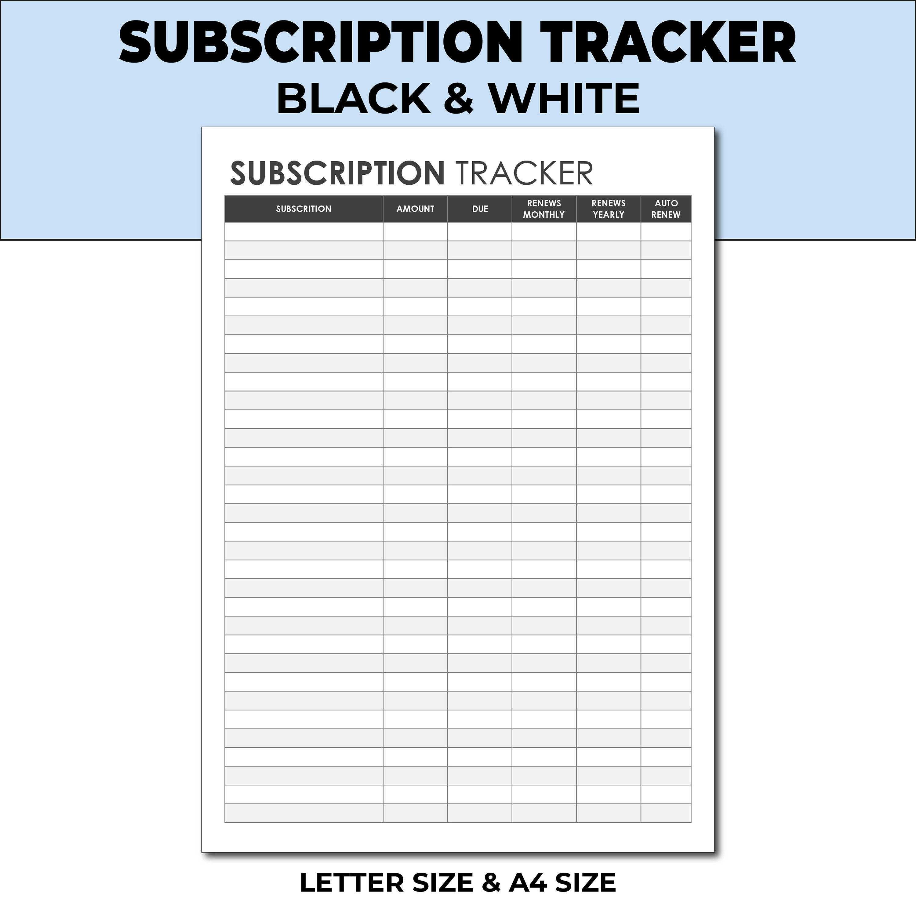 PDF Printable Editable Fillable Subscription Tracker Printable. Rainbow ...