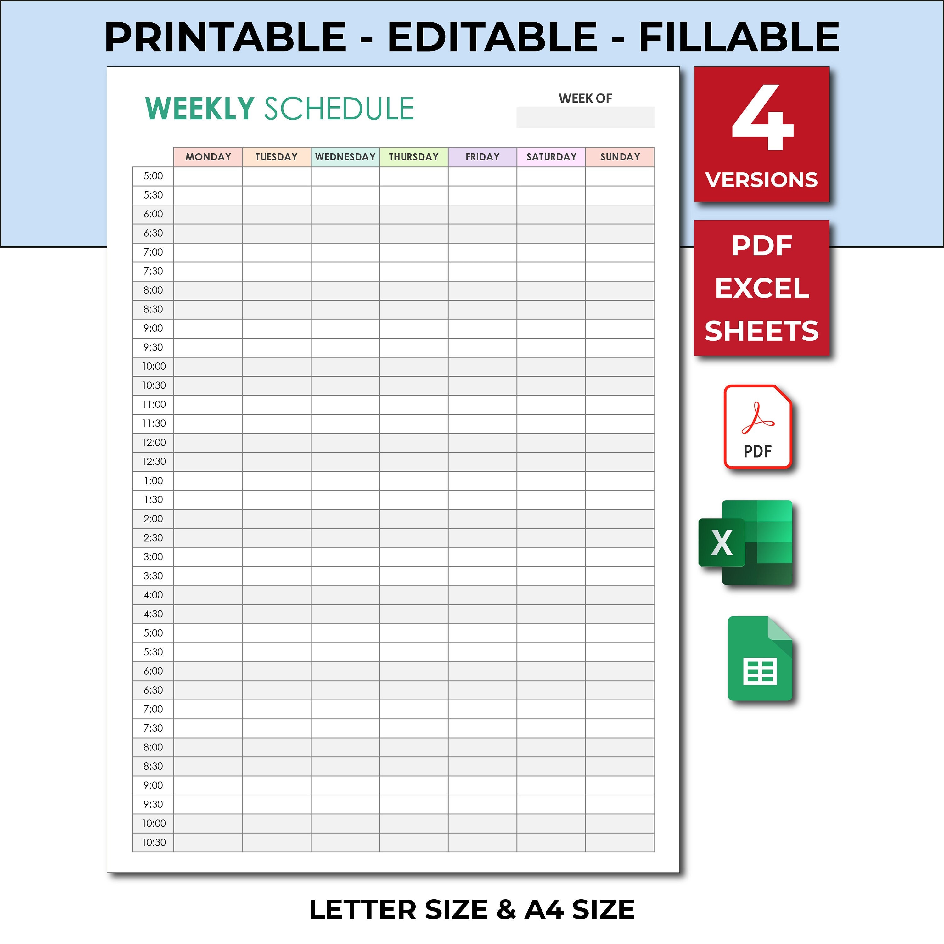 PDF Printable Editable Fillable: Weekly Half Hour Planner. Weekly ...