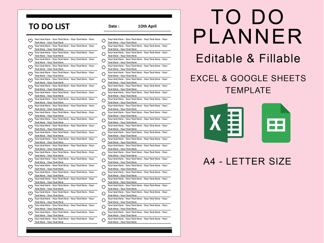 To Do List Planner Editable Fillable Printable. EXCEL Spreadsheet ...