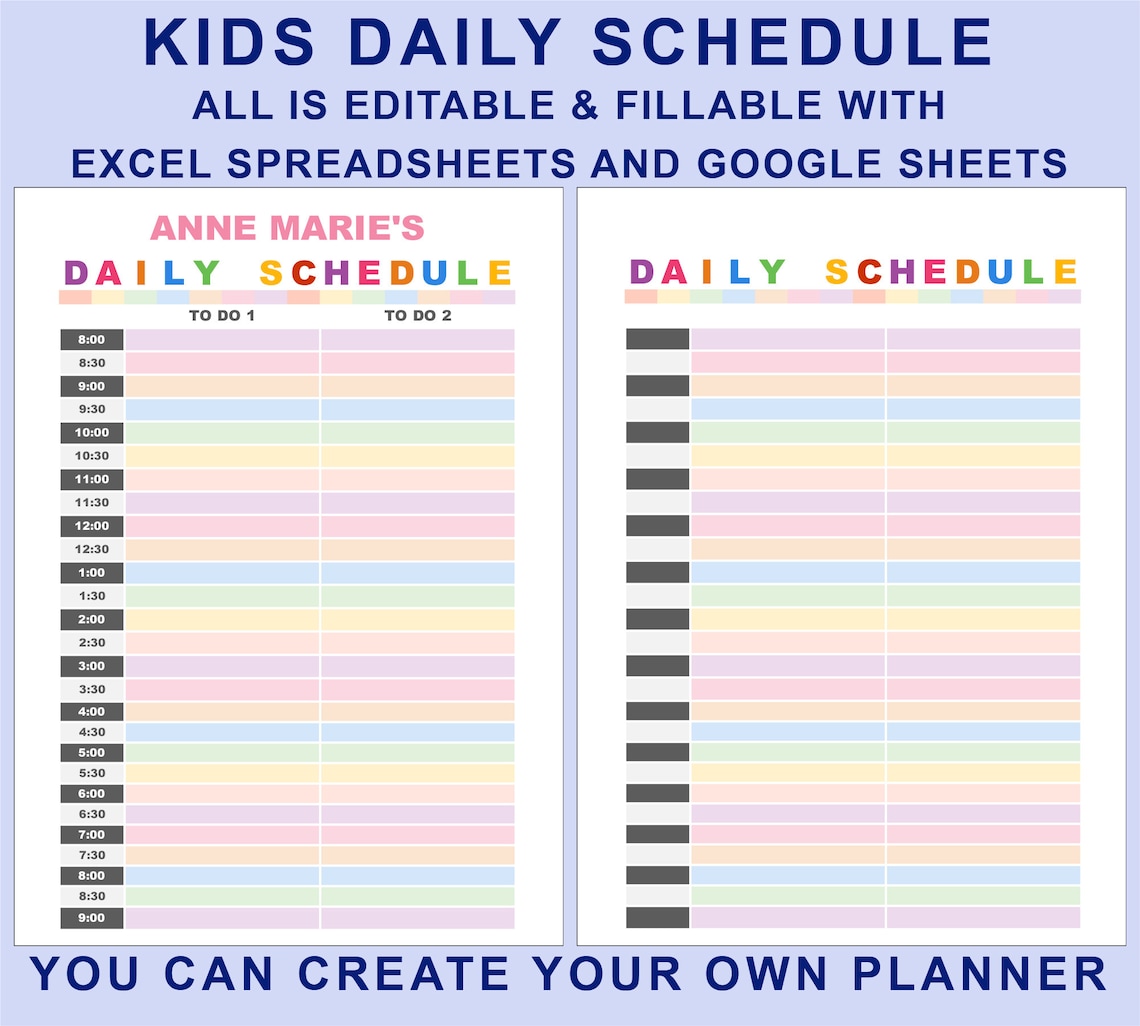 Kids Daily Schedule Template for EXCEL Spreasheets. Editable Fillable ...