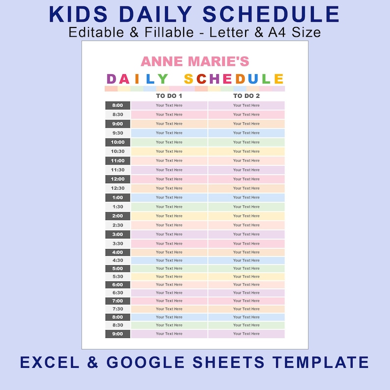 Kids Daily Schedule Template for EXCEL Spreasheets. Editable Fillable ...