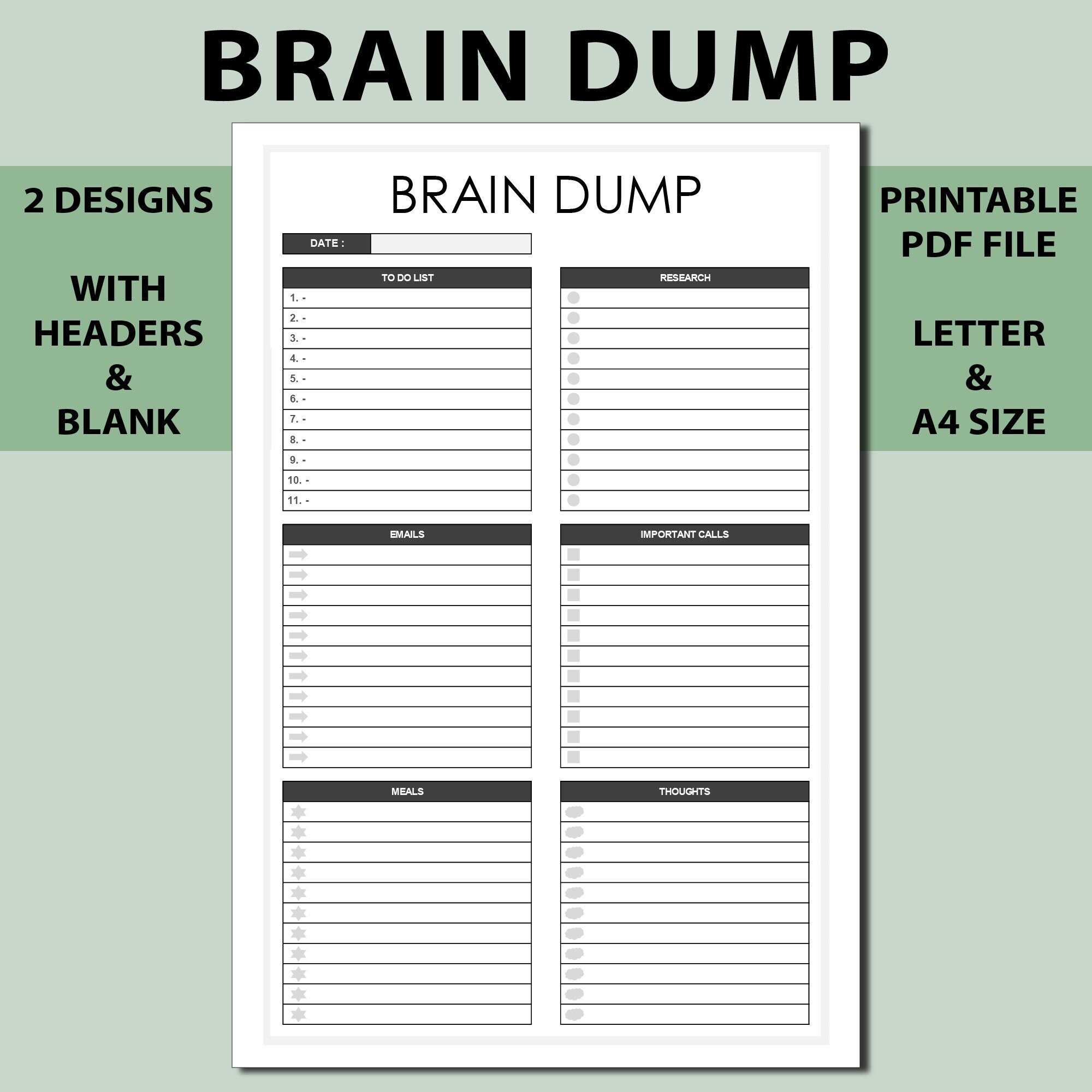Printable Brain Dump,ideas Planner,thought Organizer,thought Tracker ...