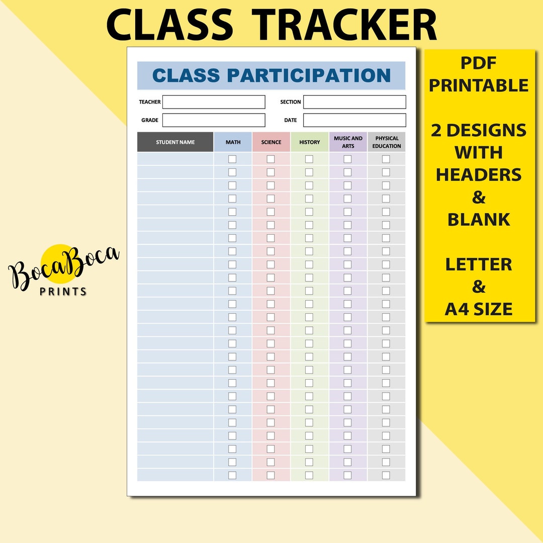 Class Participation Tracker Template - Printable PDF. Participation Log ...