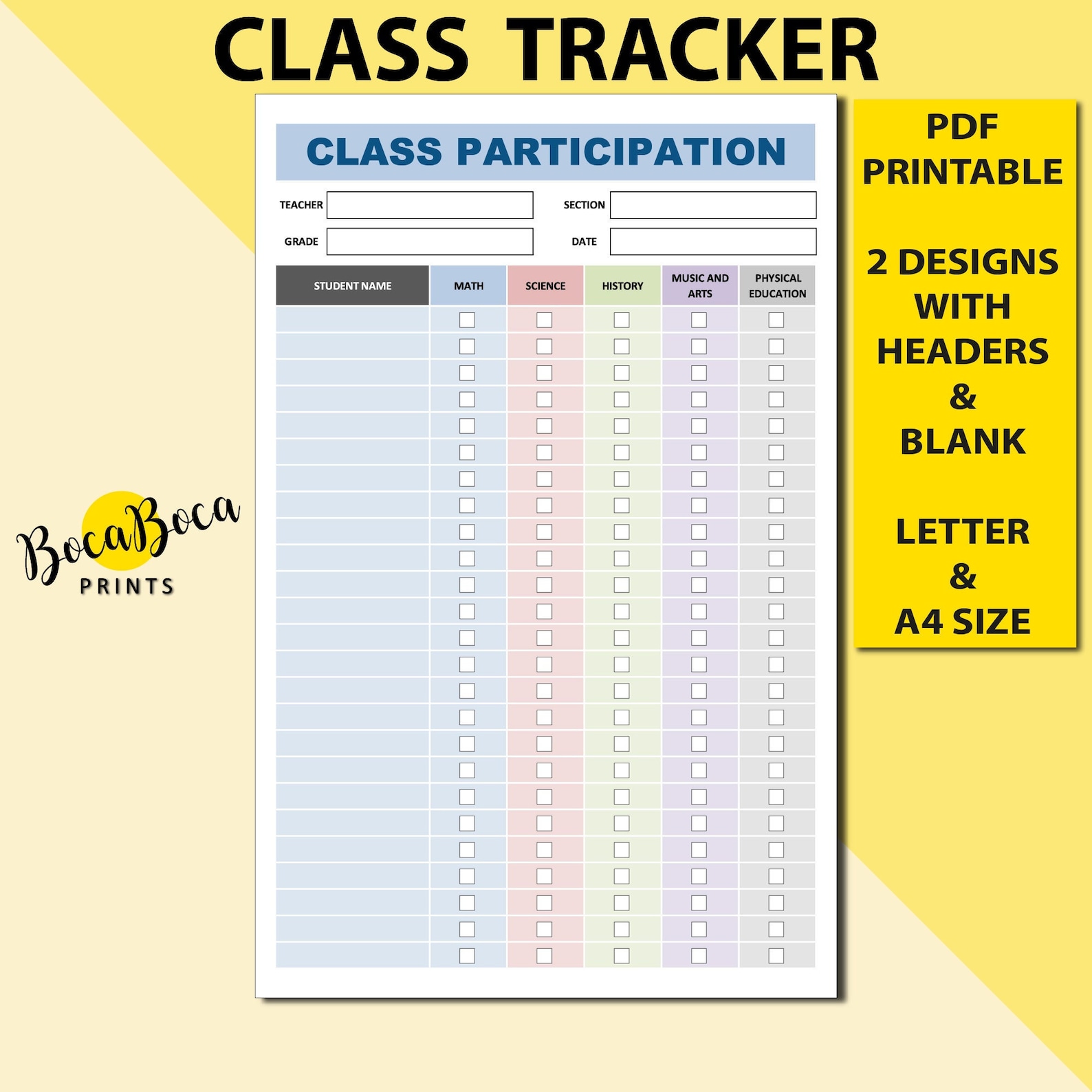 Class Participation Tracker Template - Printable PDF. Participation Log ...