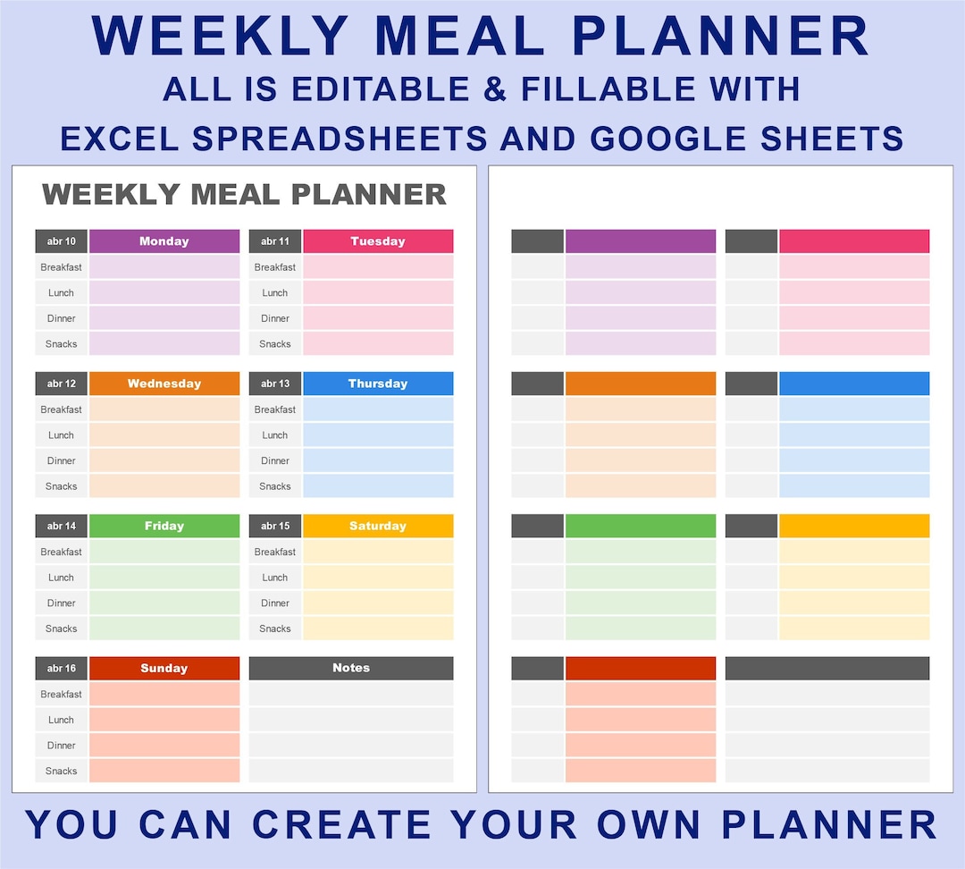 Weekly Menu Planner Printable Editable Fillable. Daily Meal Planner ...