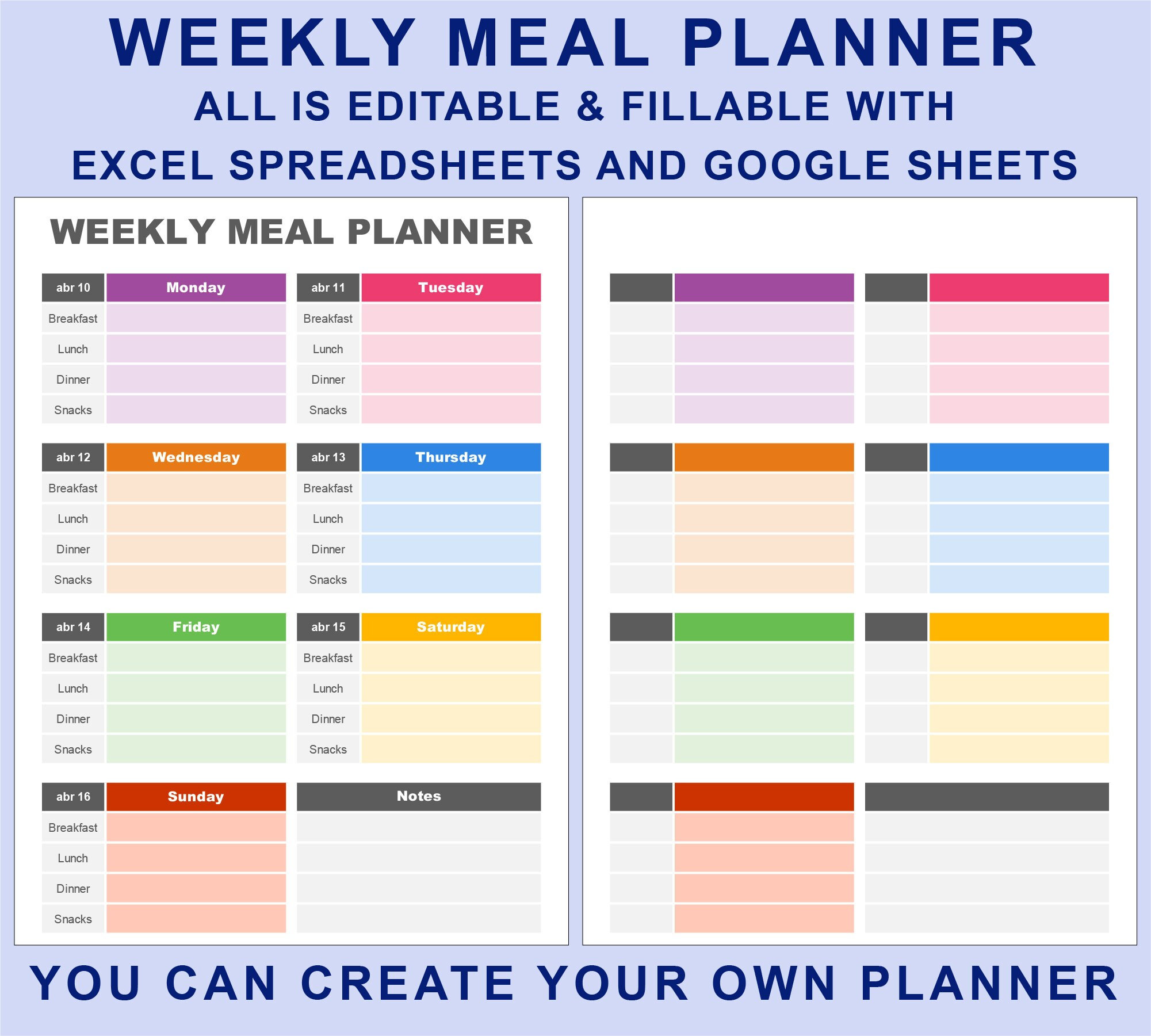 Weekly Menu Planner Printable Editable Fillable. Daily Meal Planner ...