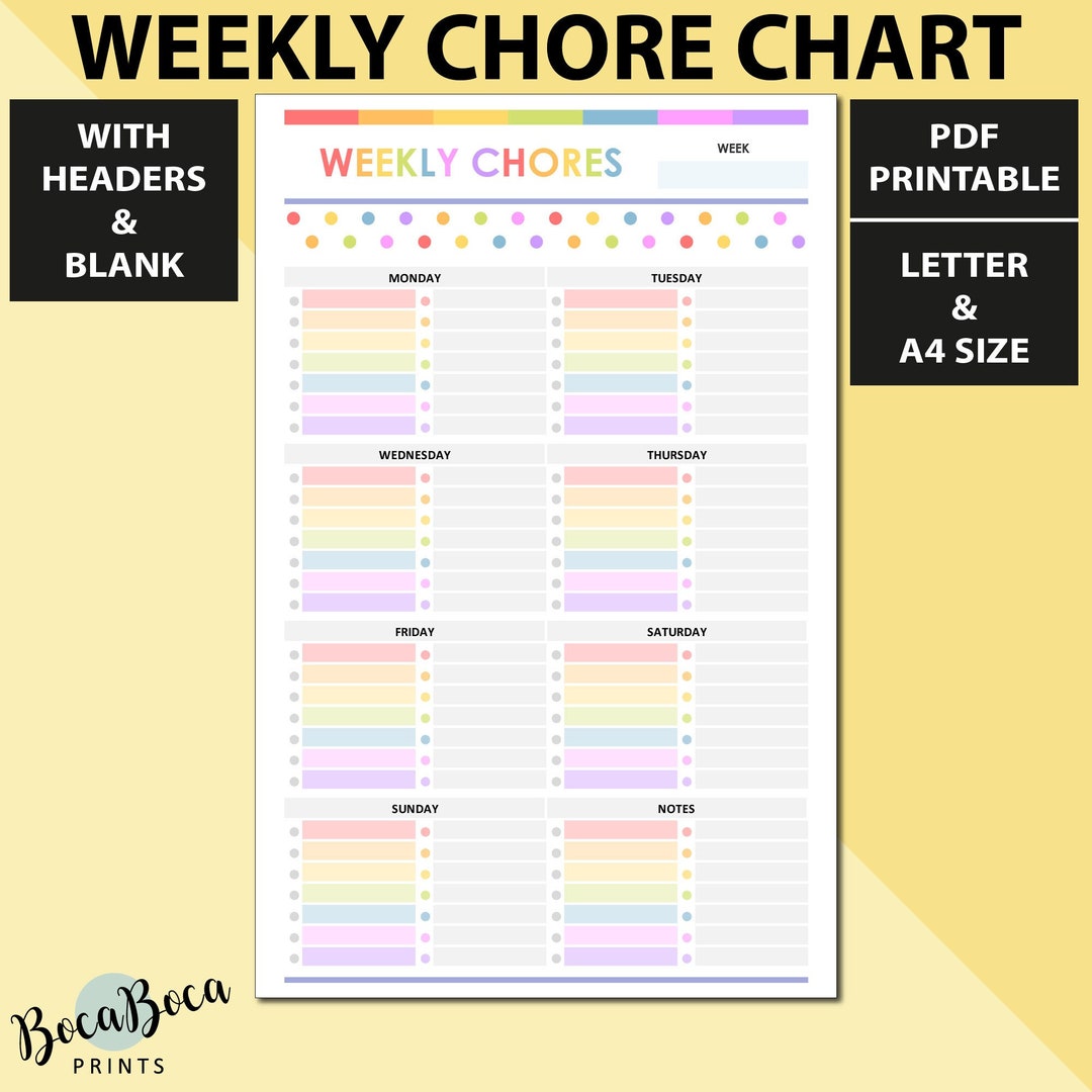 Printable Kids' Weekly Chores Chart, Chore Chart for Children, Weekly ...