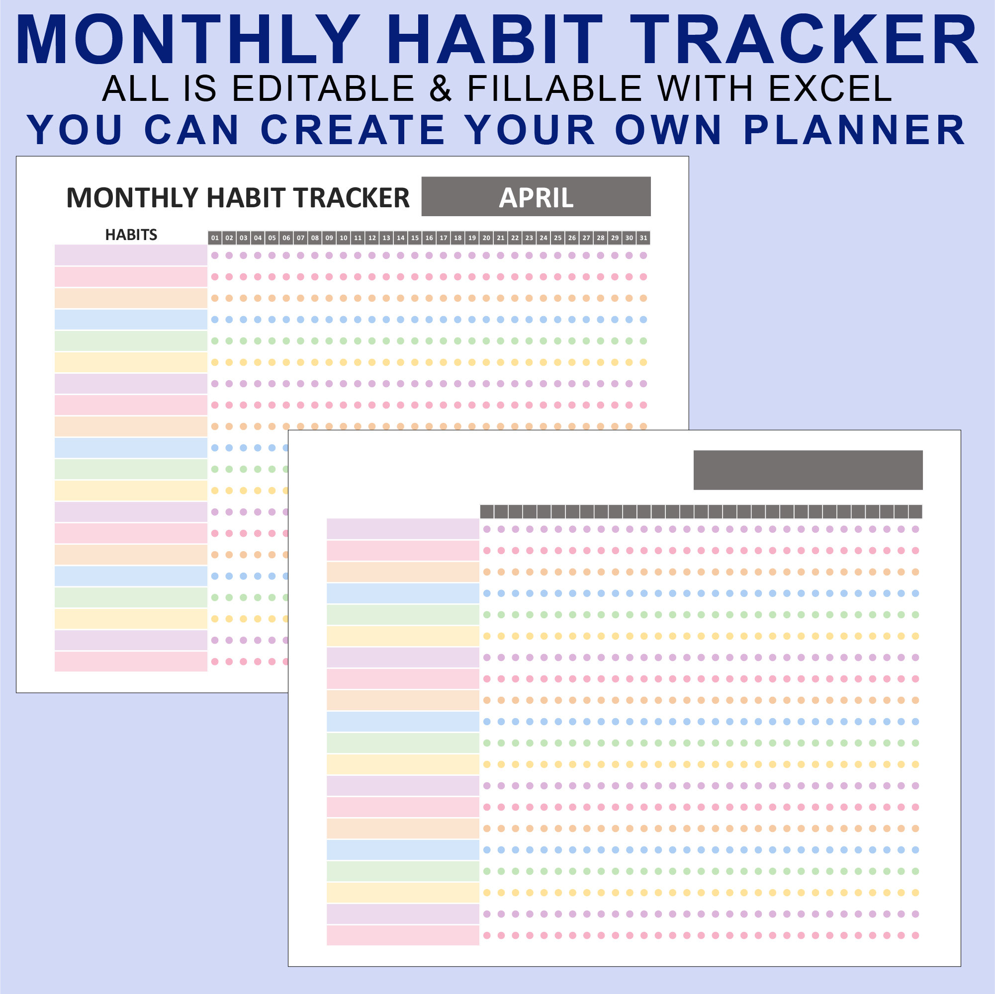 Monthly Habit Tracker. EXCEL Spreadsheet Template. Editable - Printable ...