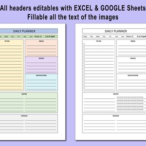 Printable Daily Planner Editable Fillable. EXCEL and Google Sheets ...