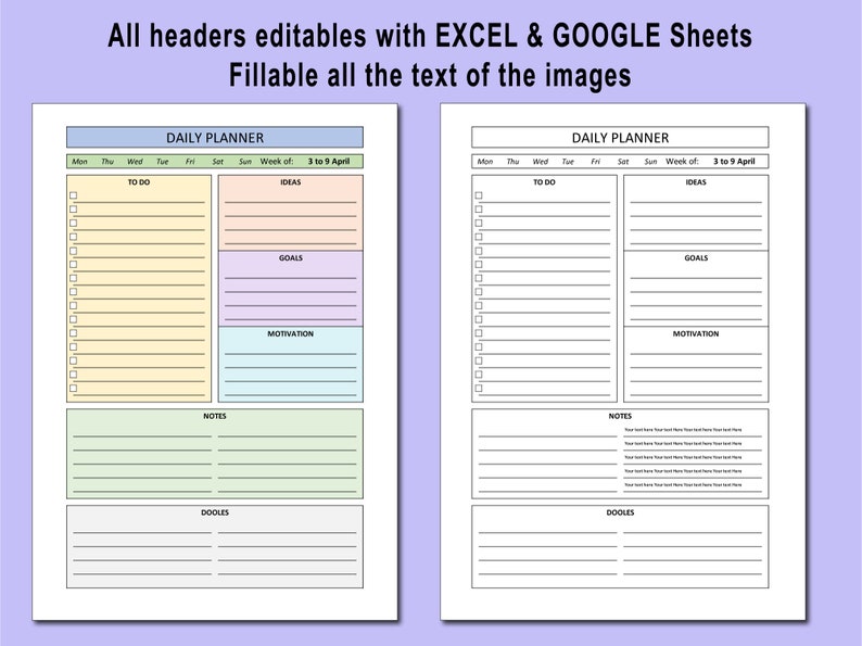 Printable Daily Planner Editable Fillable. EXCEL and Google Sheets ...