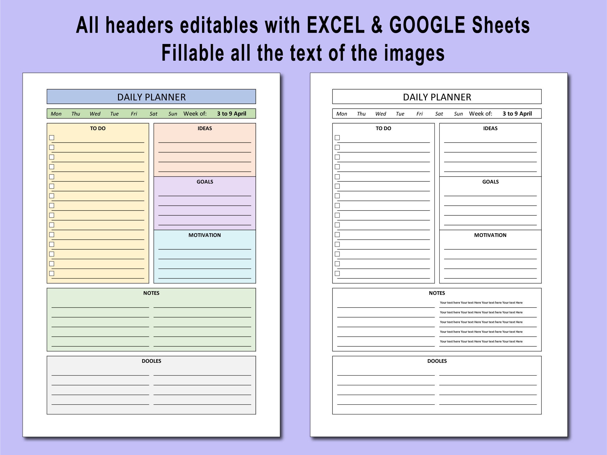 Printable Daily Planner Editable Fillable. EXCEL and Google Sheets ...