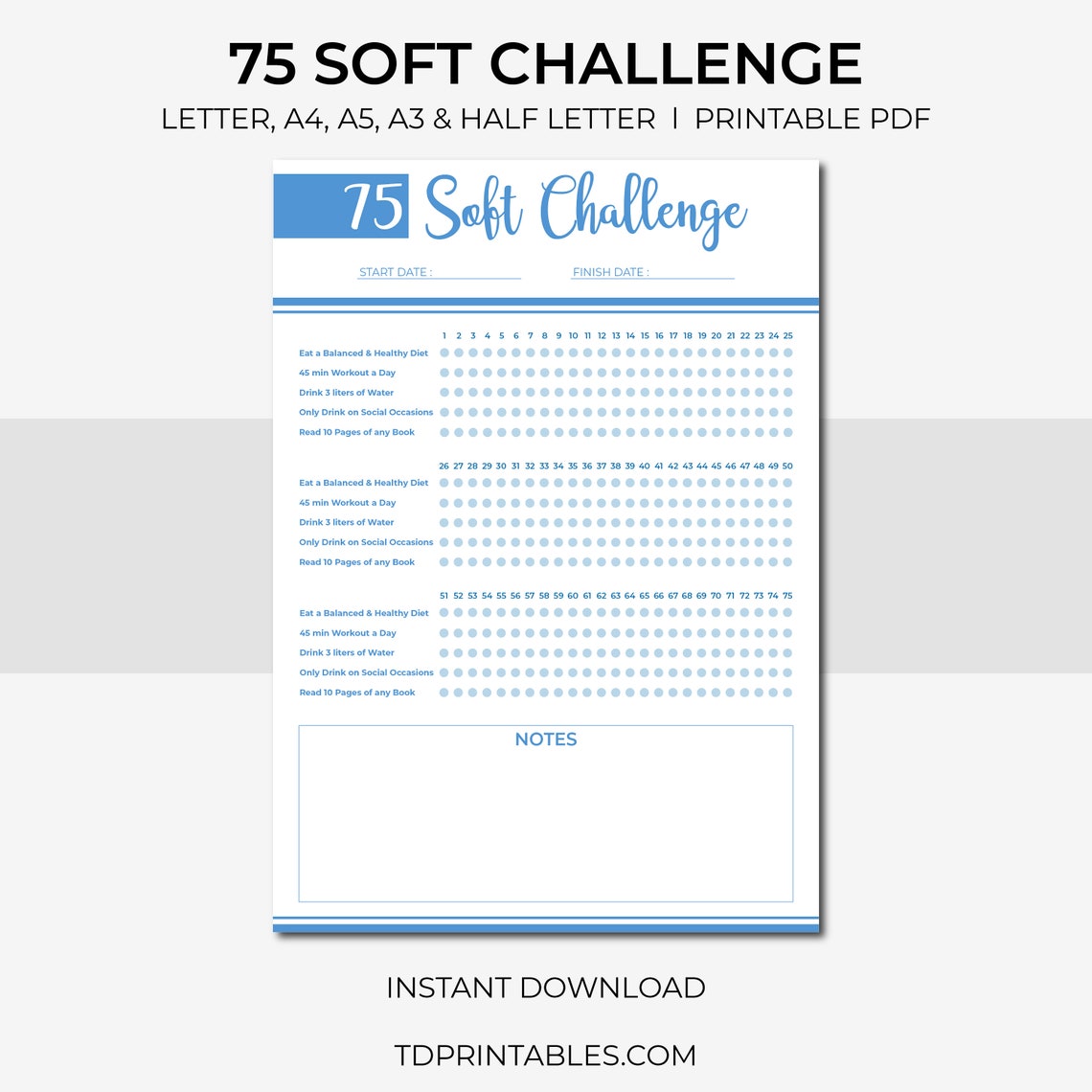 Printable 75 Soft Tracker Template | Size A3, A4, A5,US Letter & Half ...
