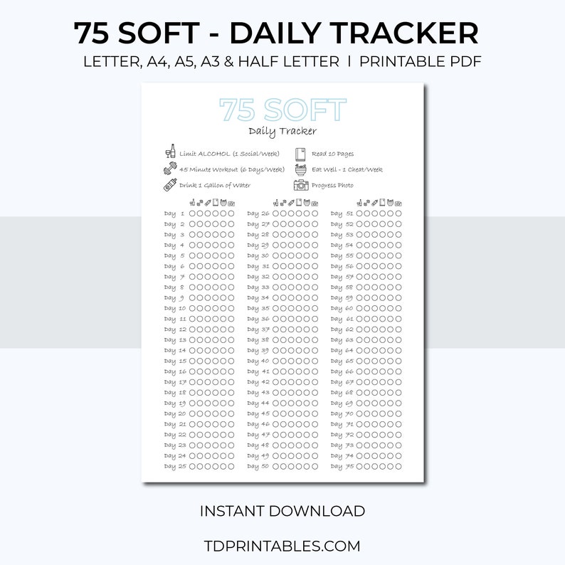 75 Soft Easy Challenge Daily Tracker | Habit Tracker | 75 Soft Template ...