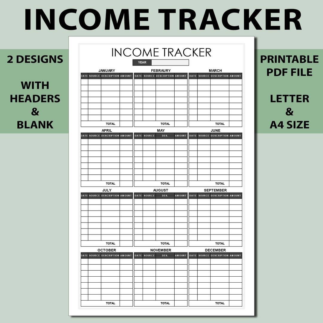 Black White Monthly Income Tracker Printable,12 Months Income Planner ...