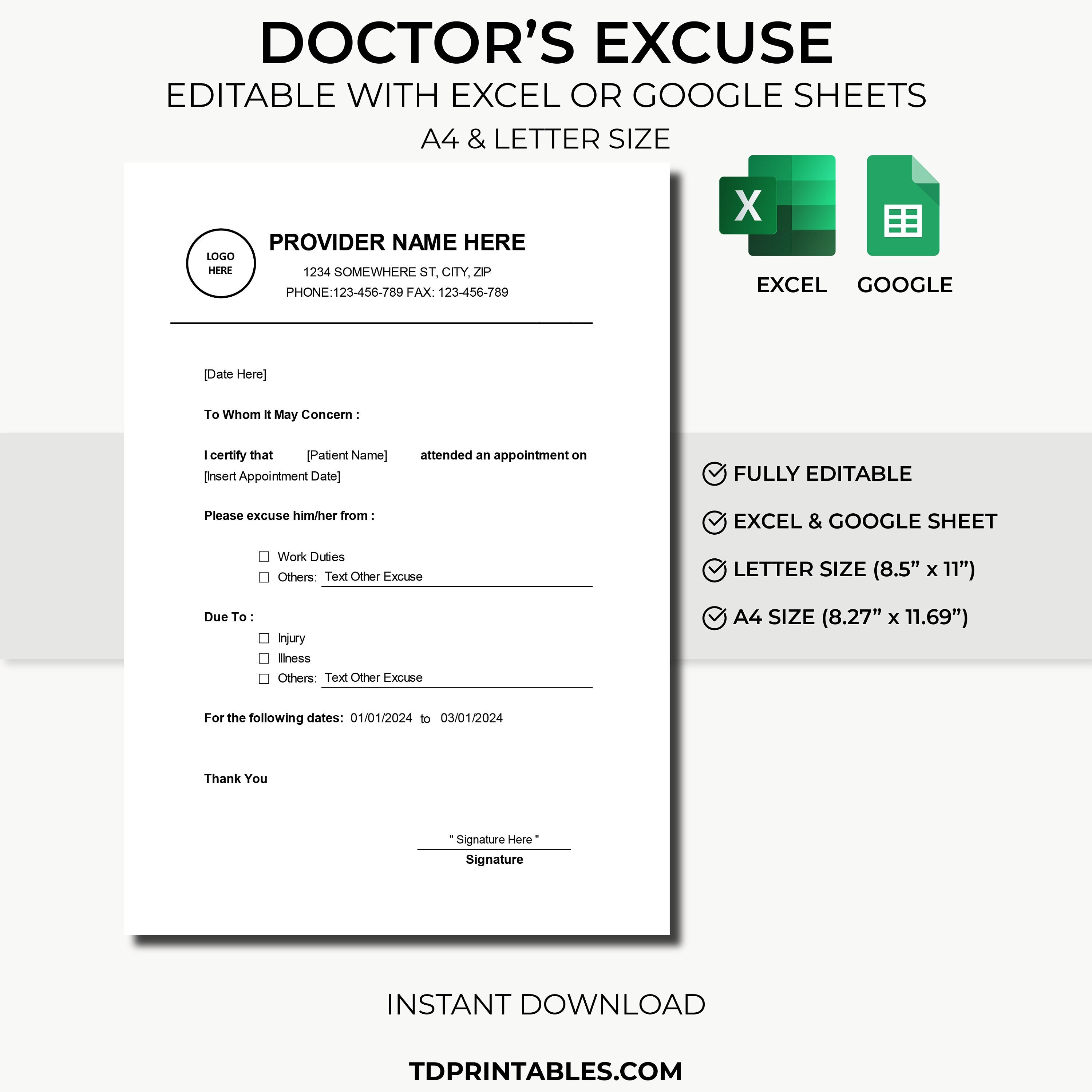 Doctor Excuse Template | Doctor Excuse Work | Medical Provider Excuse ...