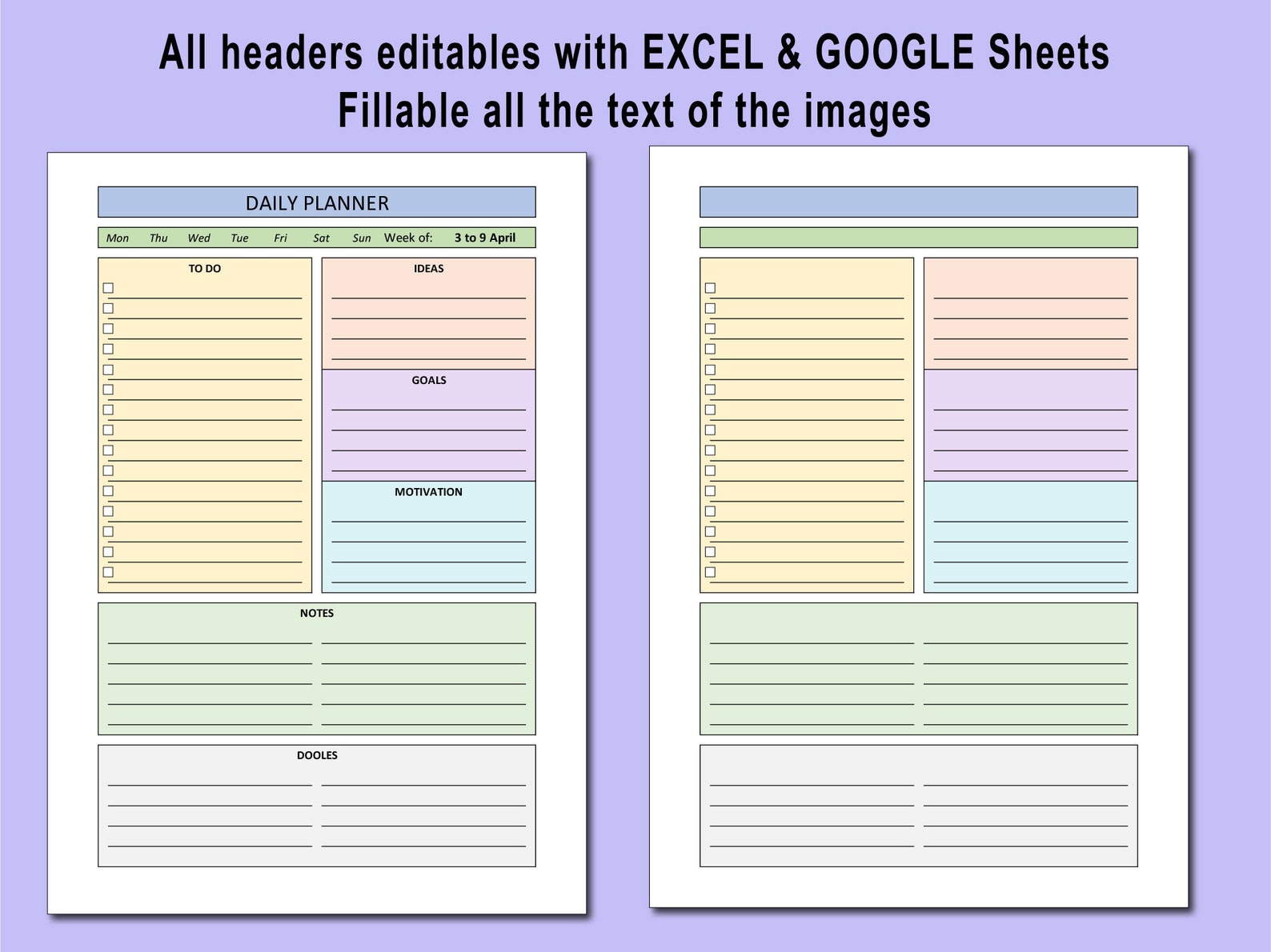 Printable Daily Planner Editable Fillable. EXCEL and Google Sheets ...