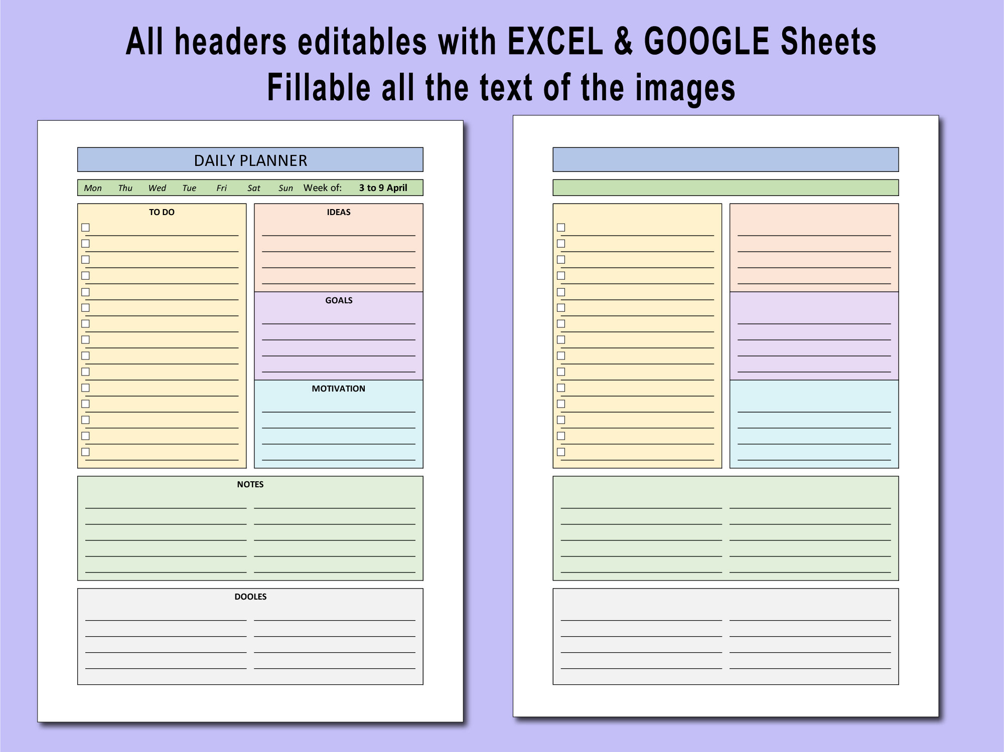 Printable Daily Planner Editable Fillable. EXCEL and Google Sheets ...