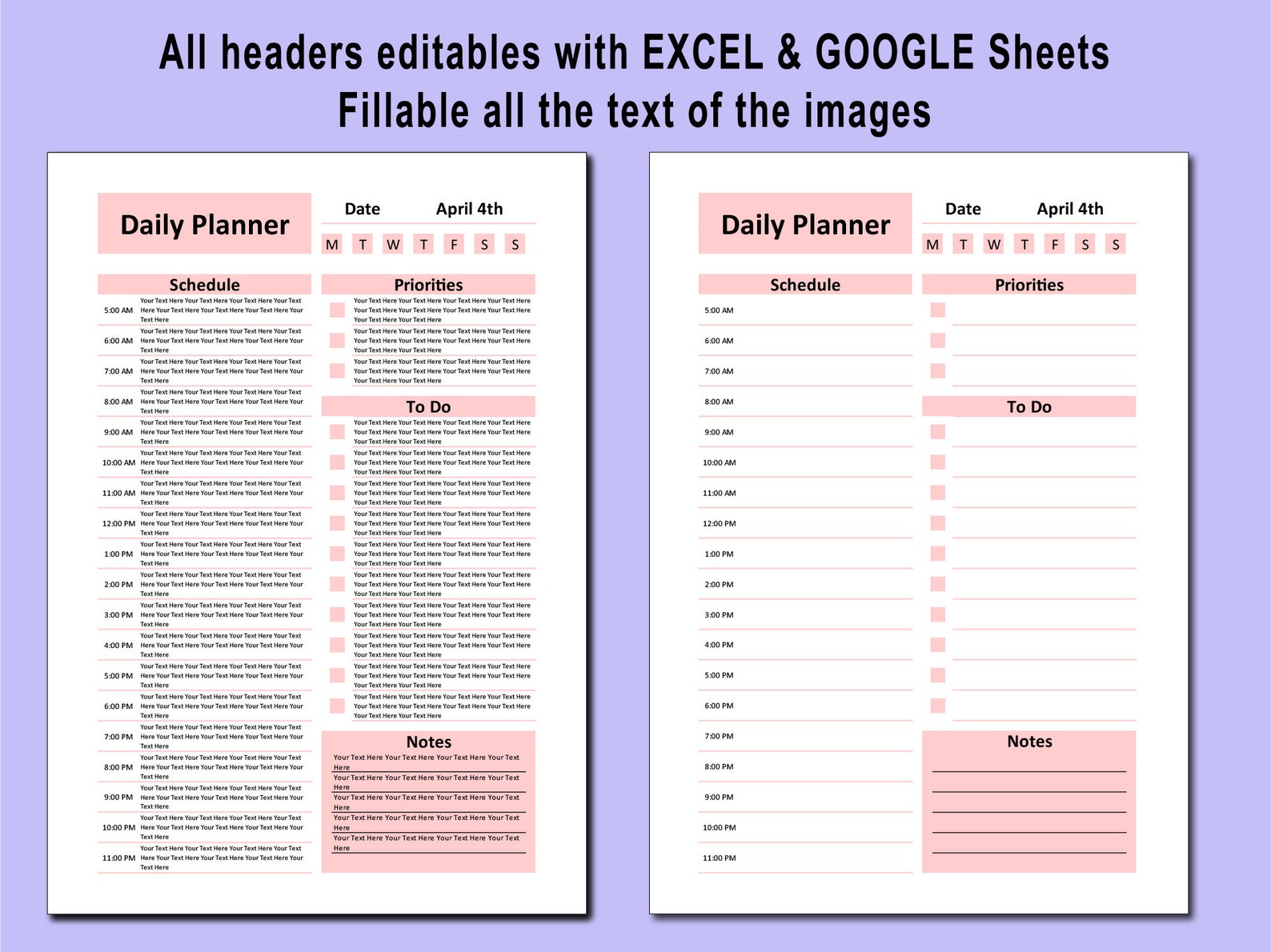 Printable Daily Planner Editable Fillable. EXCEL and Google Sheets ...
