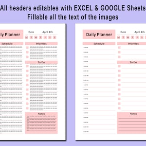 Printable Daily Planner Editable Fillable. EXCEL and Google Sheets ...
