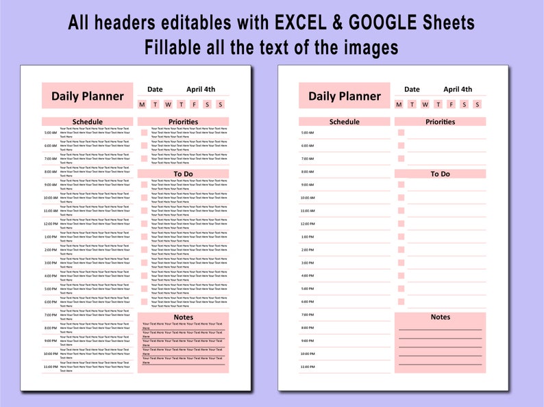 Printable Daily Planner Editable Fillable. EXCEL and Google Sheets ...