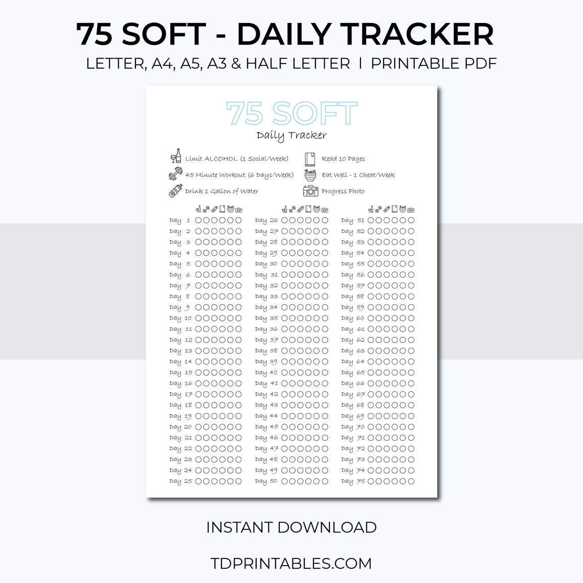Printable 75 Soft Tracker Template | Size A3, A4, A5,US Letter & Half ...