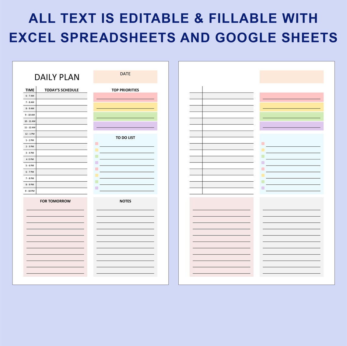 Pastel Daily Planner Editable Printable Fillable. EXCEL Spreadsheet ...